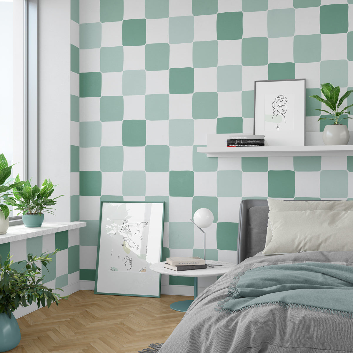 Papier peint panoramique Carreaux Dessinés Camaïeu Vert – e-papier ...